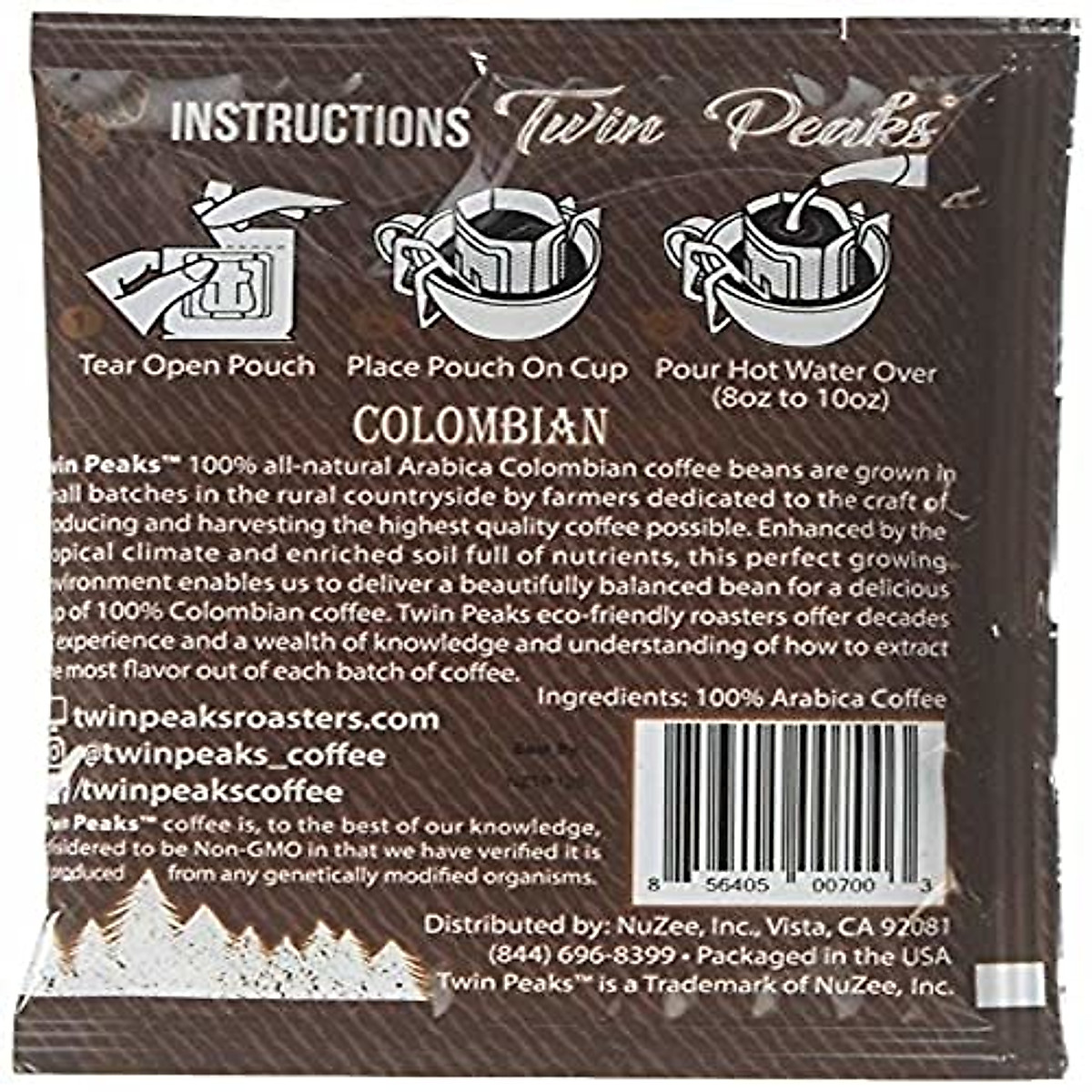 Twin Peaks Pour Over Coffee Colombian Arabica Single Serve Packet 10 Pouches in Box, Premium 100% All Natural, Non GMO