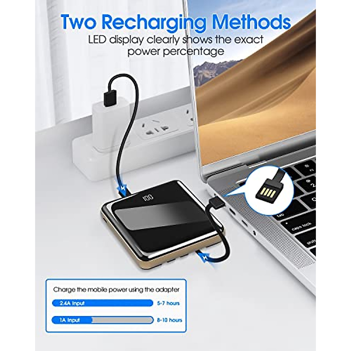 KLL Power Bank with Built in Cables, 10000mAh Slim Portable Charger LED Display, Small External Battery Pack with 4 Inputs and 5 Outputs Phone Charger for iPhone Samsung Huawei iPad etc