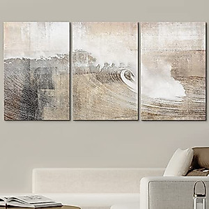 wall26 Canvas Print Wall Art Set Gray & Tan Color Block Ocean Wave Overlay Nature Wilderness Digital Art Modern Art Rustic Scenic Colorful for Living Room, Bedroom, Office - 24"x36"x3 Panels