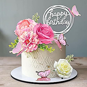14 PCS Flower Cake Toppers Butterfly Cake Decorations Happy Birthday Cake Toppers with Artificial Pink Rose Flowers Eucalyptus Butterflies for Girls Birthday Party Wedding Baby Shower Supplies (Pink)