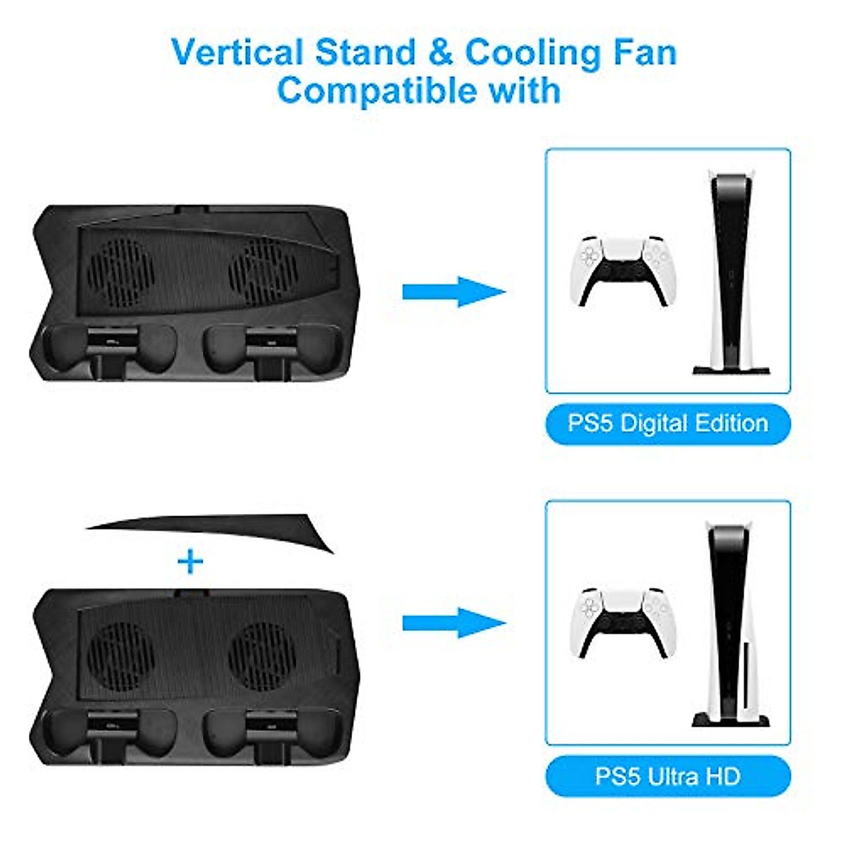 PS5 Charging Station with Cooling Fan, DualSense Controller Vertical Stand Dock for PS5 Console and Digital Edition, 3 USB Ports Retractable 14 Game Slots Storage Bracket for PlayStation 5 Accessories