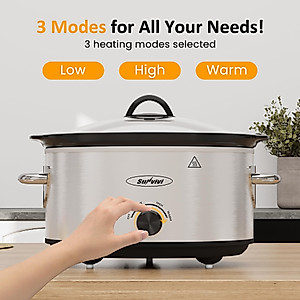 Sunvivi Small Slow Cooker 4QT, Mini Food Warmer with 3 Heating Settings, Removable Ceramic Pot, Dishwasher Safe Glass Lid, Stainless Steel, Silver