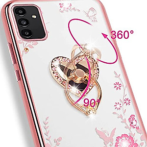 B-wishy for Samsung Galaxy A13 5G/4G/A04S Phone Case, Glitter Butterfly Heart Slim TPU Bling Diamond Rhinestone Cute for Girls Women with Ring Stand+Strap for Galaxy A13 5G/4G/A04S(Rose Gold)