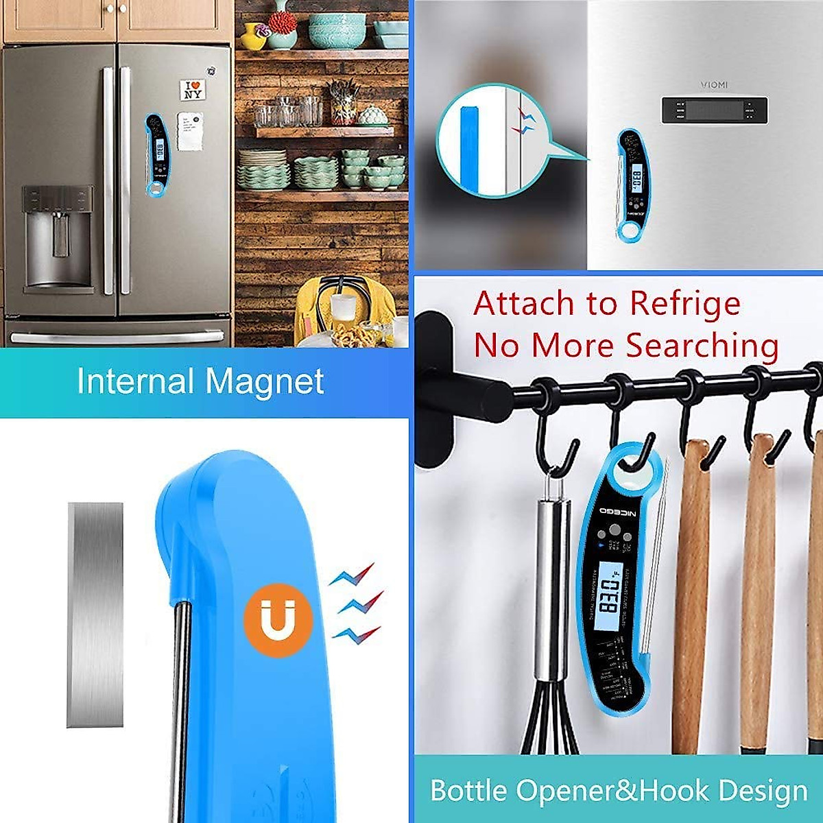 NiceGo Digital Instant Read Meat Thermometer with Probe Fast Waterproof Thermometer with Back Light and Calibration. Digital Food Thermometer for Cooking, Kitchen, Outdoor Cooking, BBQ Grill. (Blue)