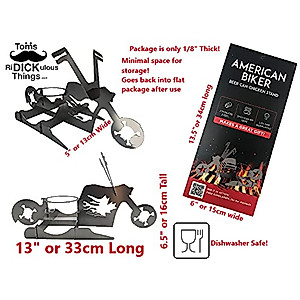 Flaming Bike Beer Can Chicken Stand! Beer chicken roaster; Stainless steel Chicken roasting rack for BBQ, Grill, oven; Great Gift! Stores flat--Space Saver! Includes SUNGLASSES…for the Chicken!