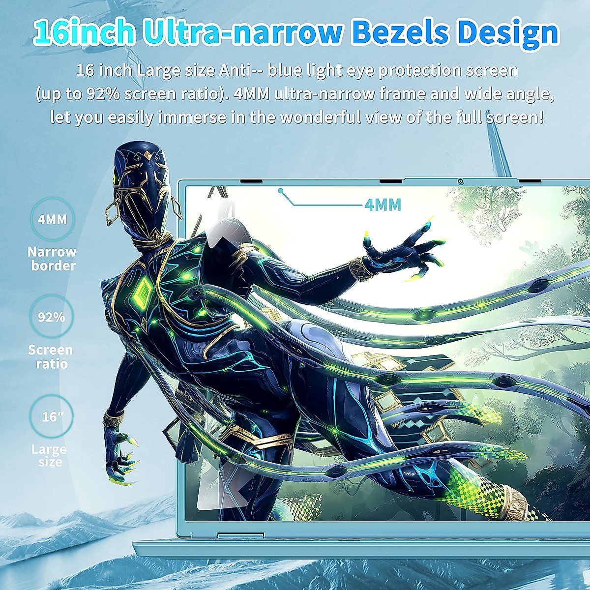 16inch Green Laptop 16G RAM 1TB SSD Ultra-Narrow bezels 2.5K FHD(2560x1600) IPS Screen/N5095 CPU,Win 11 Pro PC with Full Size Numeric Color Backlit KB/Fingerprint(16G+1TB)