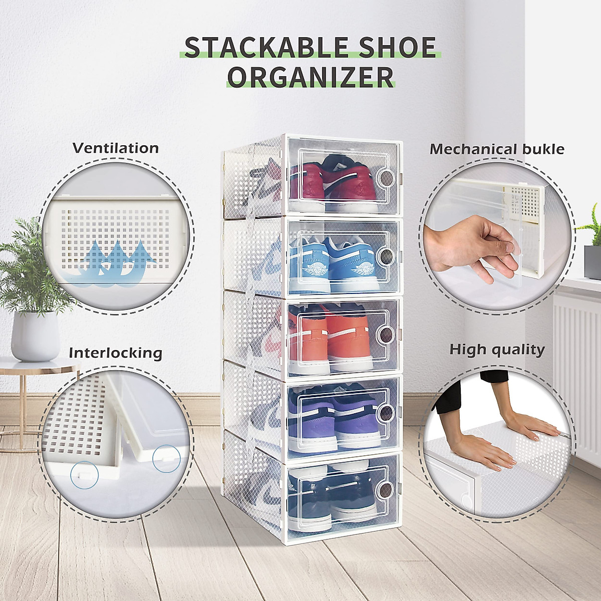 Hrrsaki 15 Pack Shoe Storage Boxes, Shoe Boxes Clear Plastic Stackable, Shoe Organizer Boxes with Front Opening Lids, Ventilation and Dust-proof, Shoe Container Boxes for Closet, Bedroom, Bathroom