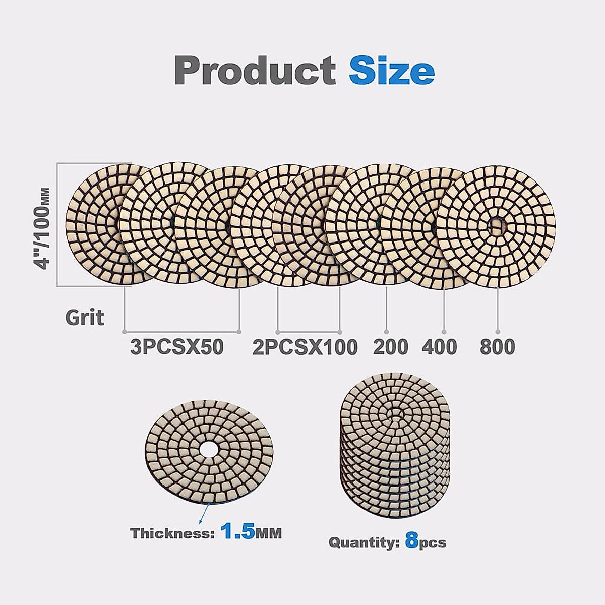 Dry Diamond Polishing Pads - 8pcs 4 inch (#50x3,#100x2,#200x1,#400x1,#800x1) Sanding Pads Kit for Granite Marble Ceramic Used on Angle Grinder or Polisher