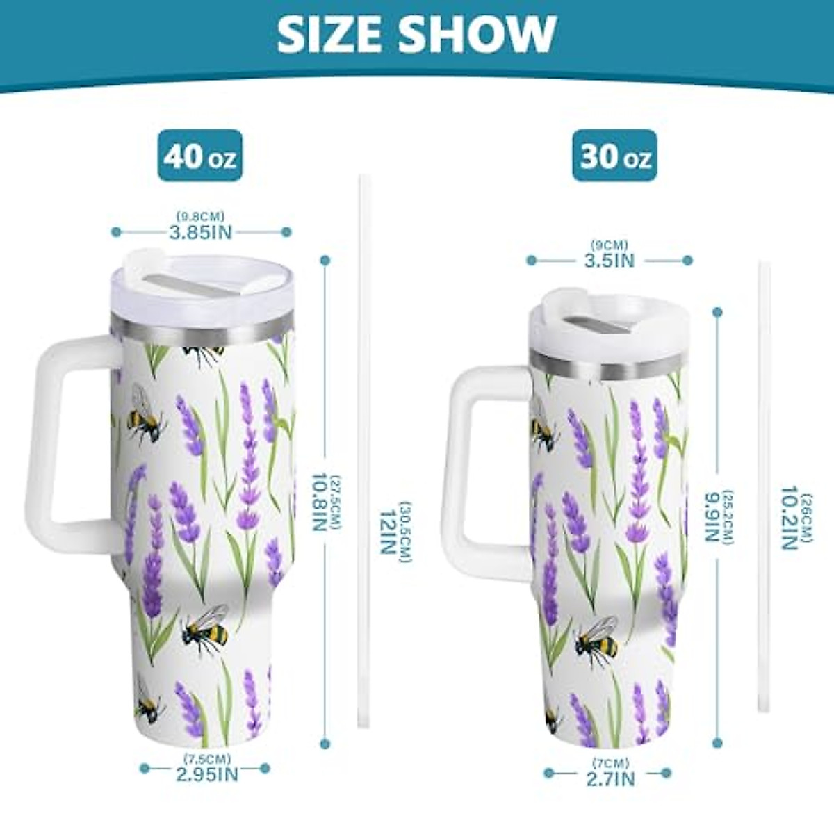 ODAWA Large Bees Lavender Flowers Insulated Tumbler Cup with Straw and Handle, Steel Insulated Tumbler