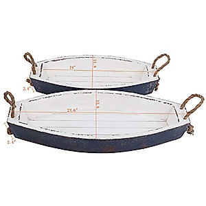 Distressed White Nesting Wood Serving Tray for Eating with Rope Handles,Set of 2 Farmhouse Handwork Boat Shaped Large Decoration Serving Trays for Party Kitchen Counter, Dining Room Coffee Table
