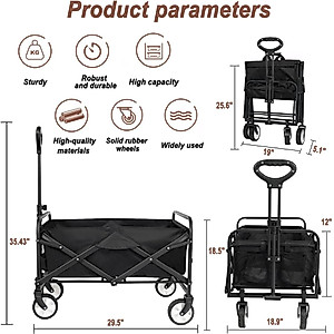 Collapsible Folding Outdoor Utility Wagon, Beach Wagon Cart with All Terrain Wheels & Drink Holders, Portable Sports Wagon for Camping, Shopping, Garden and Beach (Black/1 Year Warrant)