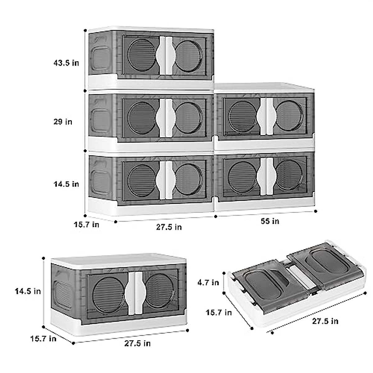 SDADI 19.2 Gal Plastic Foldable Storage Cabinet, Collapsible Storage Bins with Door, Stackable Cube Storage Organizer, Plastic Storage Cart£¬Closet Organizers and Storage (5-pack, Gray)