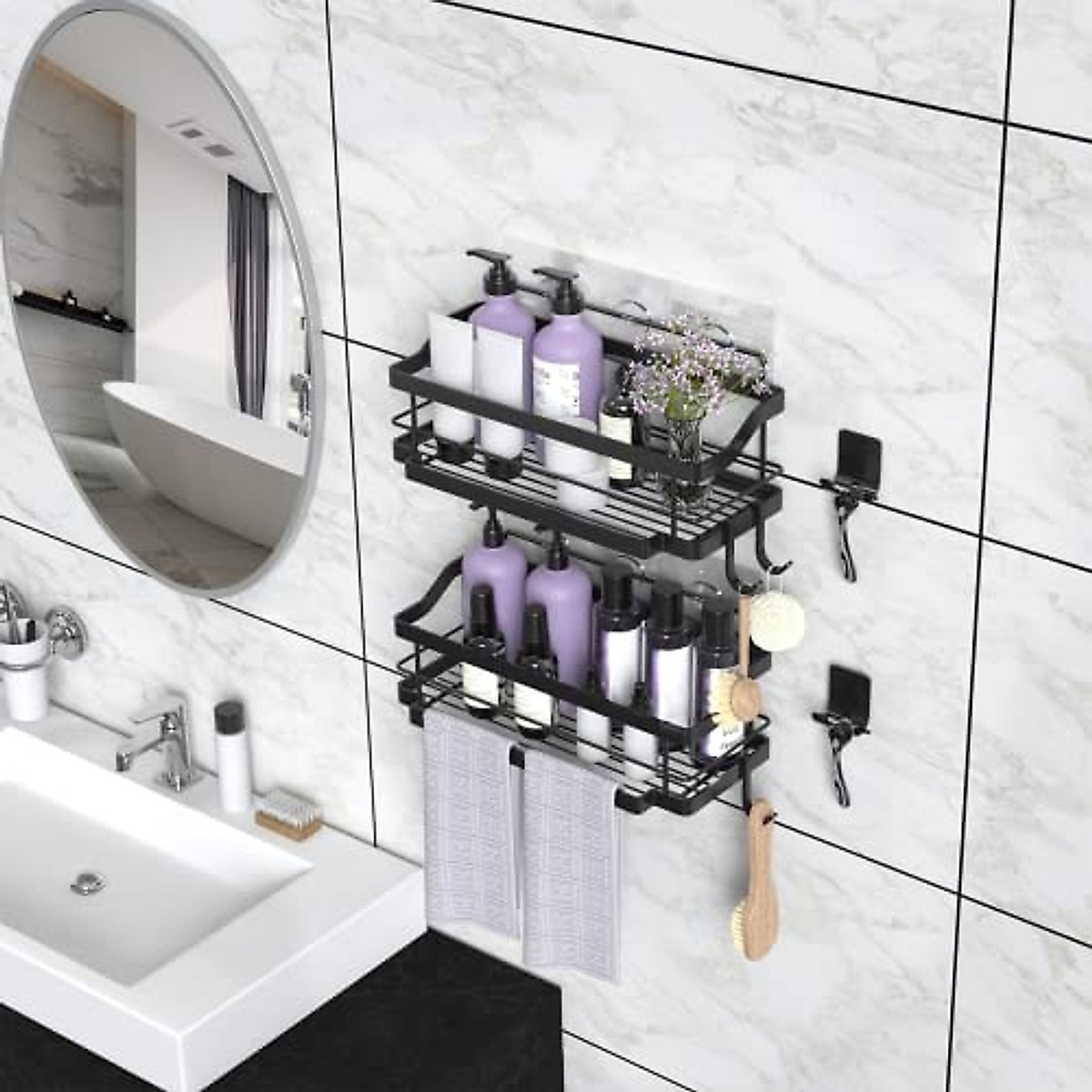 Sinminou Adhesive Shower Caddy With 5 Hooks & 2 Tower Hanger, Rustproof SUS304 Stainless Steel Shower Shelf Basket, Wall Mounted No Drilling Shower Organizer Shampoo Holder - 2 Pack (Black)