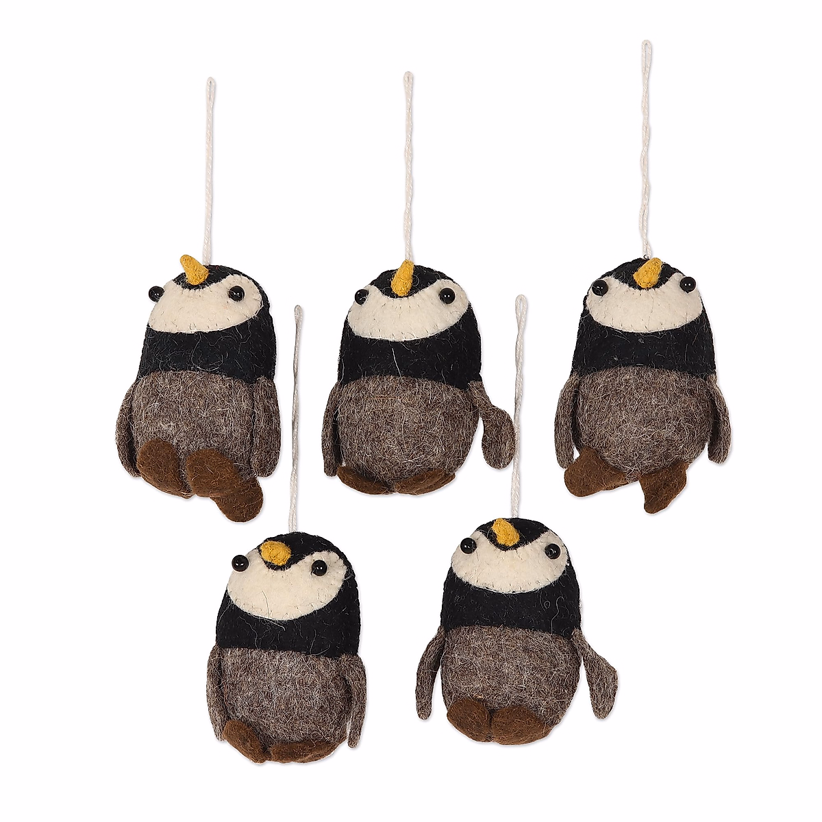 NOVICA Artisan Handmade Wool Felt Ornaments Penguin Set of 5 Black White Brown India Holiday Decor Animal Themed Christmas [3.5in H x 2.8in W x 1.6in D] ' Penguin Charm' Set of 5
