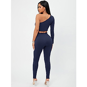 WDIRARA Women's 2 Piece Outfit One Shoulder Lettuce Trim Crop Top and Leggings Set Navy Blue M