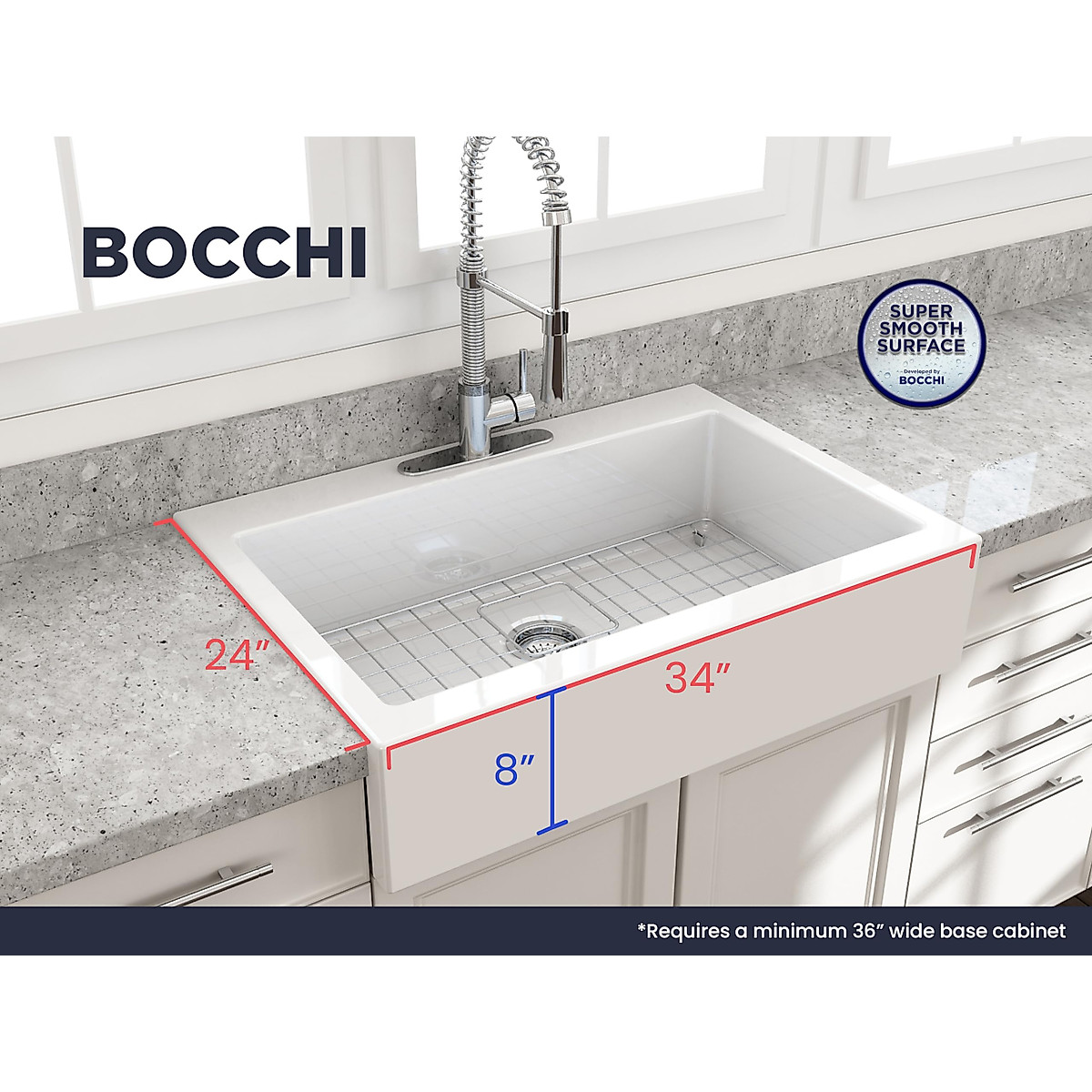 BOCCHI Nuova Apron Front Drop-In Fireclay 34 in. Single Bowl Kitchen Sink with Protective Bottom Grid and Strainer in White