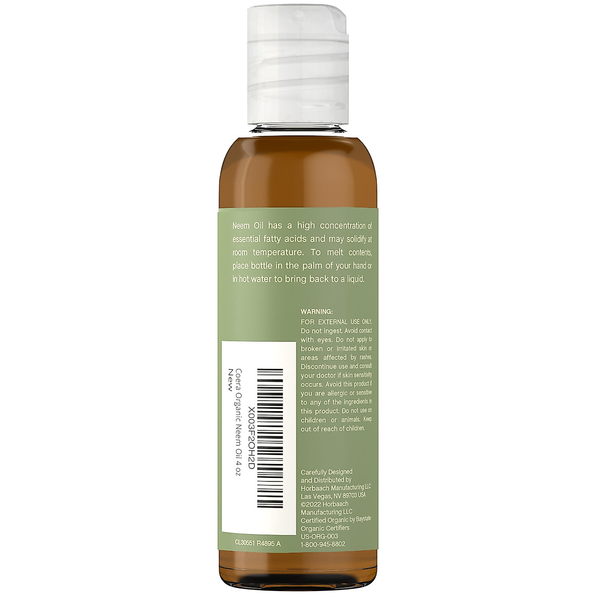 Coera Neem Oil | 4 fl oz | Certified Organic | Moisturizing Oil for Face, Hair, Skin, & Nails | Free of Parabens, SLS, & Fragrances