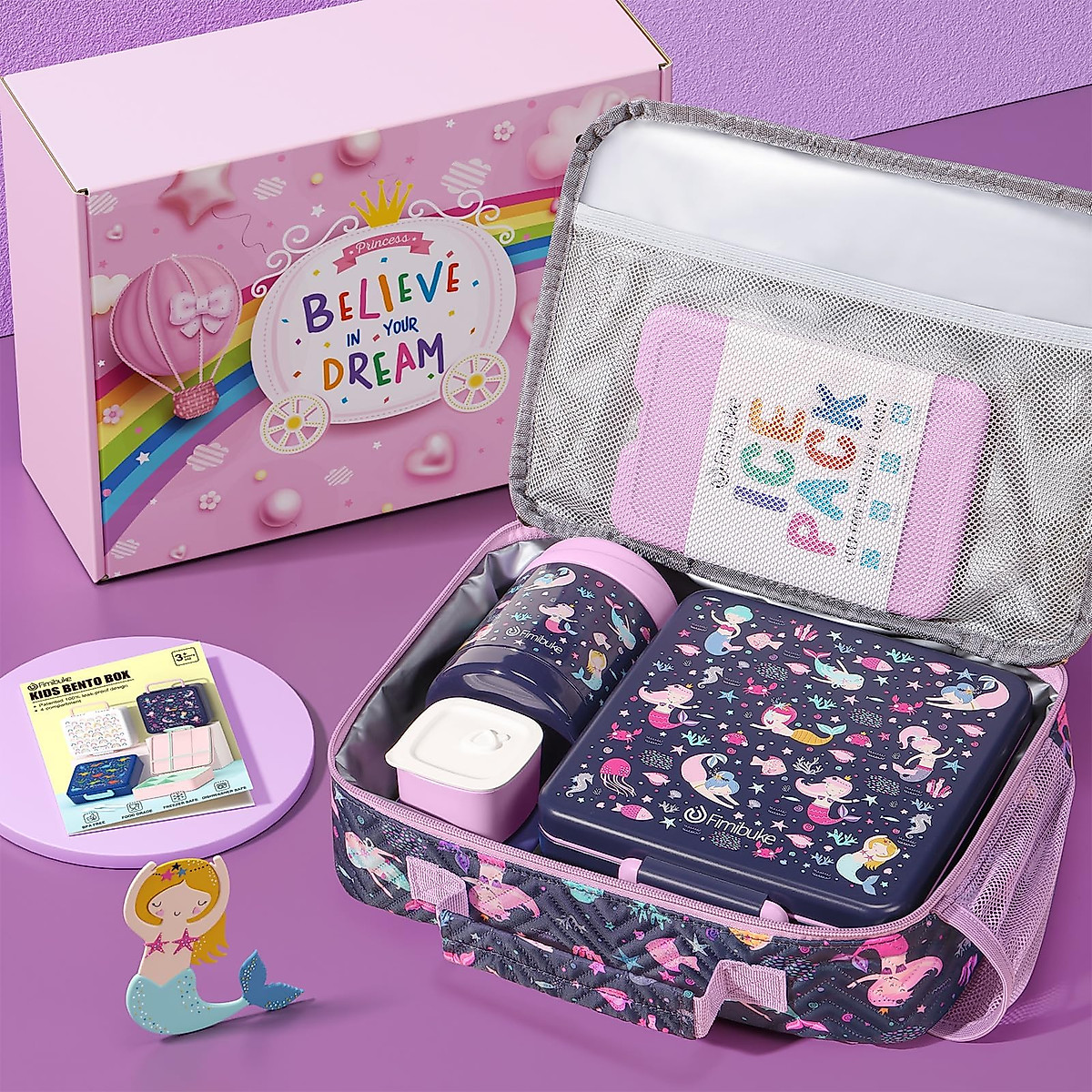 Fimibuke Kids Bento Snack Lunch Box with 4 Compartment, Insulated lunch Bag, Stainless Steel Vacuum Thermos Food Jar, Ice Pack, Utensils Set, Birthday Gift for Age 3-12 Back to School Toddler Girl Boy