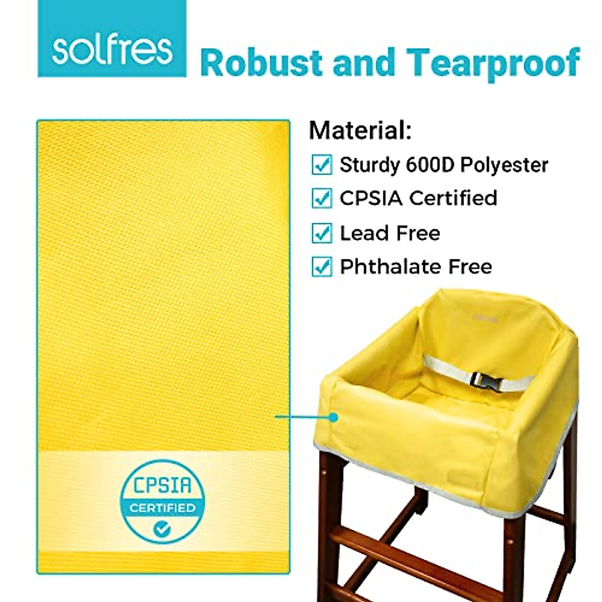 Solfres Dual-Belt High Chair Cover, Baby High Chair Cover, Upgrade Version, for Wooden or Restaurant High Chair, Sturdy and Robust Material, Yellow