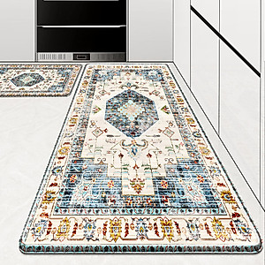 HappyTrends Boho Kitchen Mat,Anti-Fatigue Kitchen Mats for Floor Cushioned Rug for Kitchen Decor Accessories,Waterproof Non-Slip Mats and Rugs Set for Office,Floor 17.3"×30"+17.3"×47",Light Blue