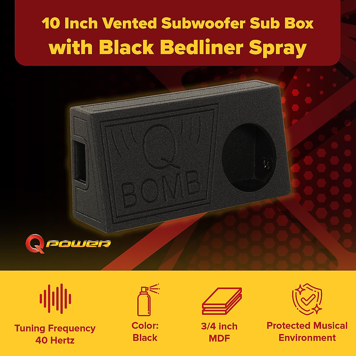 Q Power QBomb Single 10 Inch Vented Subwoofer Sub Box with Black Bedliner Spray