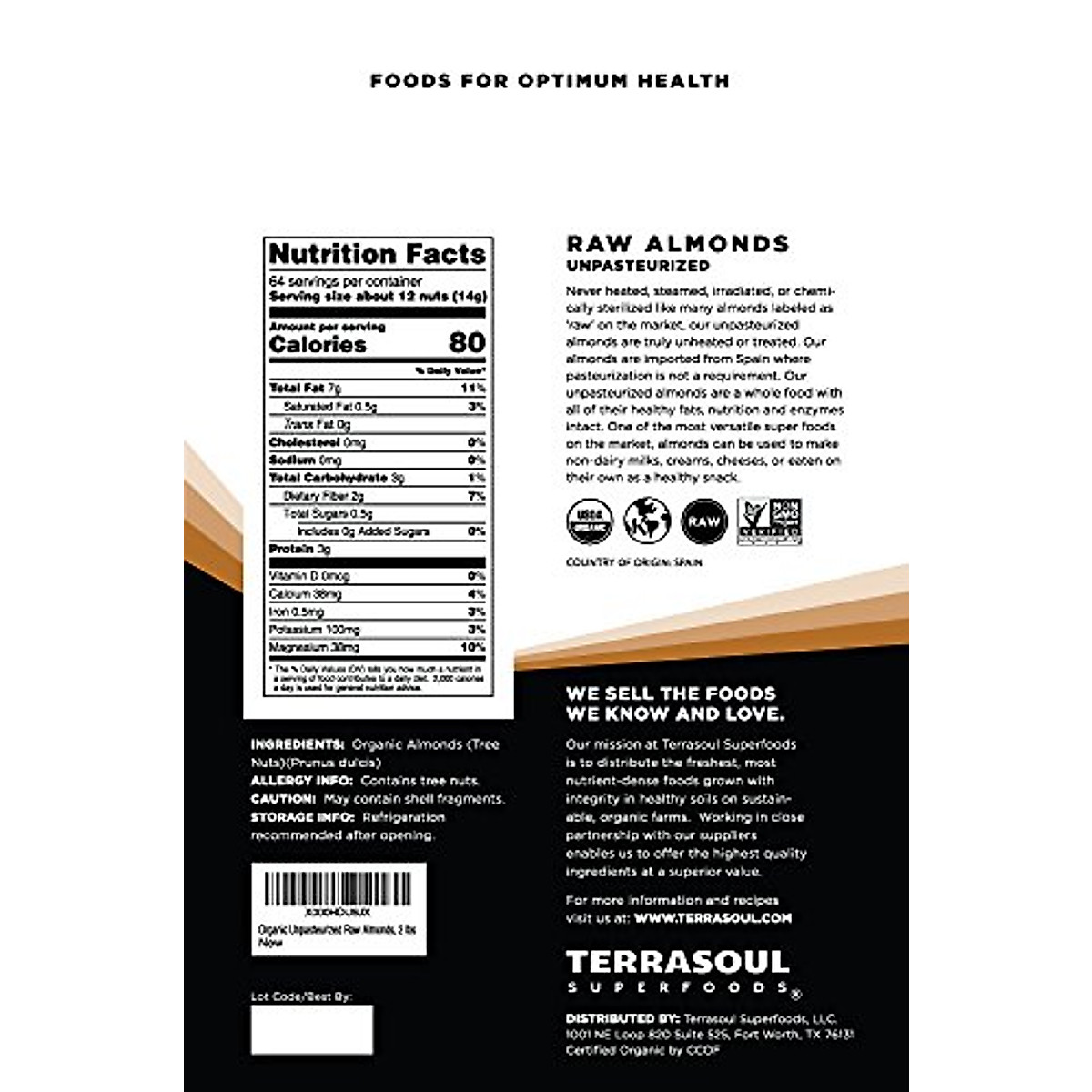 Terrasoul Superfoods Raw Unpasteurized Organic Almonds (Sproutable), 2 lbs
