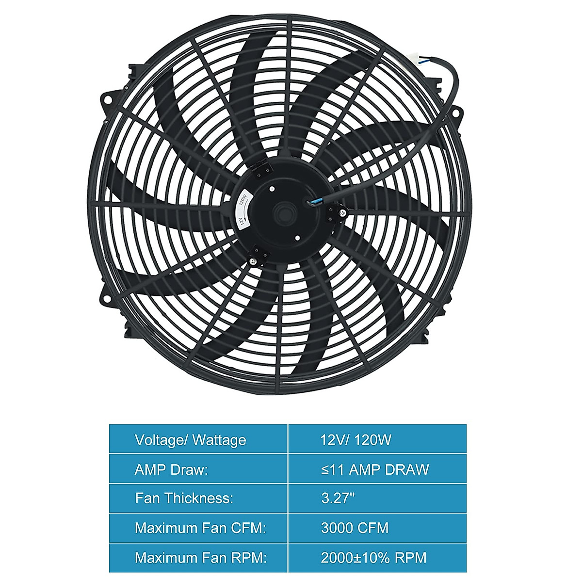 16 inch Electric Radiator Fan, 3000 CFM 10 Blades Electric Fan Automotive Black with Thermostat Wiring Switch Relay Kit