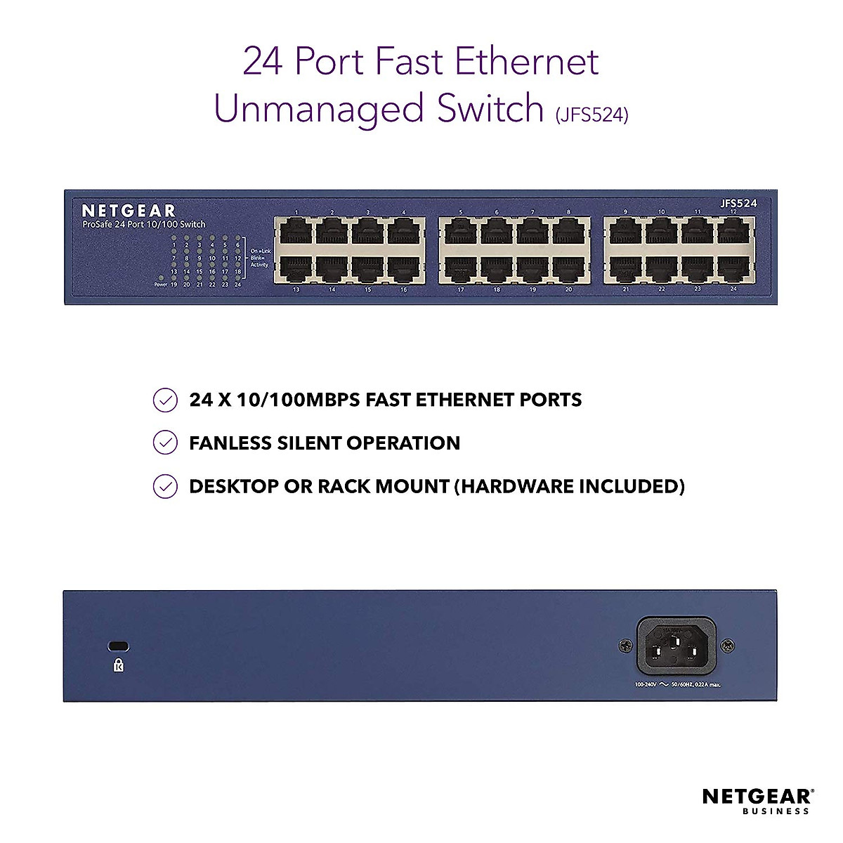 NETGEAR 24-Port Fast Ethernet 10/100 Unmanaged Switch (JFS524) - Desktop/Rackmount, and ProSAFE Limited Lifetime Protection