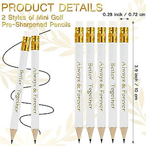 60 Pieces Wedding Pencils Half Pencils Bridal Pencils with Eraser White Gold Golf Pencil 4 Inch Mini Pencils 'Better Together' 'Always and Forever' Pencils for Bridal Shower Wedding Party, School