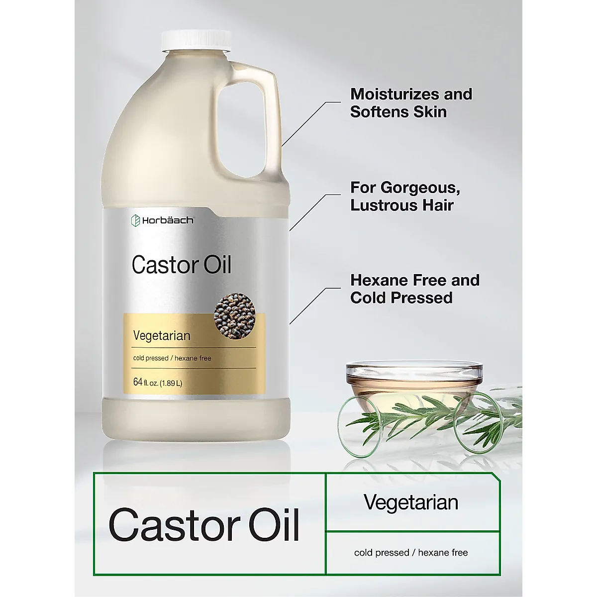 Horbäach Castor Oil 64oz | for Hair, Eyelashes & Eyebrows | Hexane Free & Cold Pressed | Vegetarian, Non-GMO