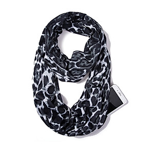 elzama Infinity Loop Jersey Scarf with Hidden Zipper Pocket, Leopard Printed Patterns for Women, Travel Wrap for Fall Winter, Black