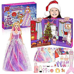 Luckades Advent Calendar-Girls Christmas Countdown Calendar with 24 Surprises Box Including 1 Doll 29 Pcs Doll Dresses,24 Days Countdown Calendar Christmas Gifts for Girls Aged 3-8