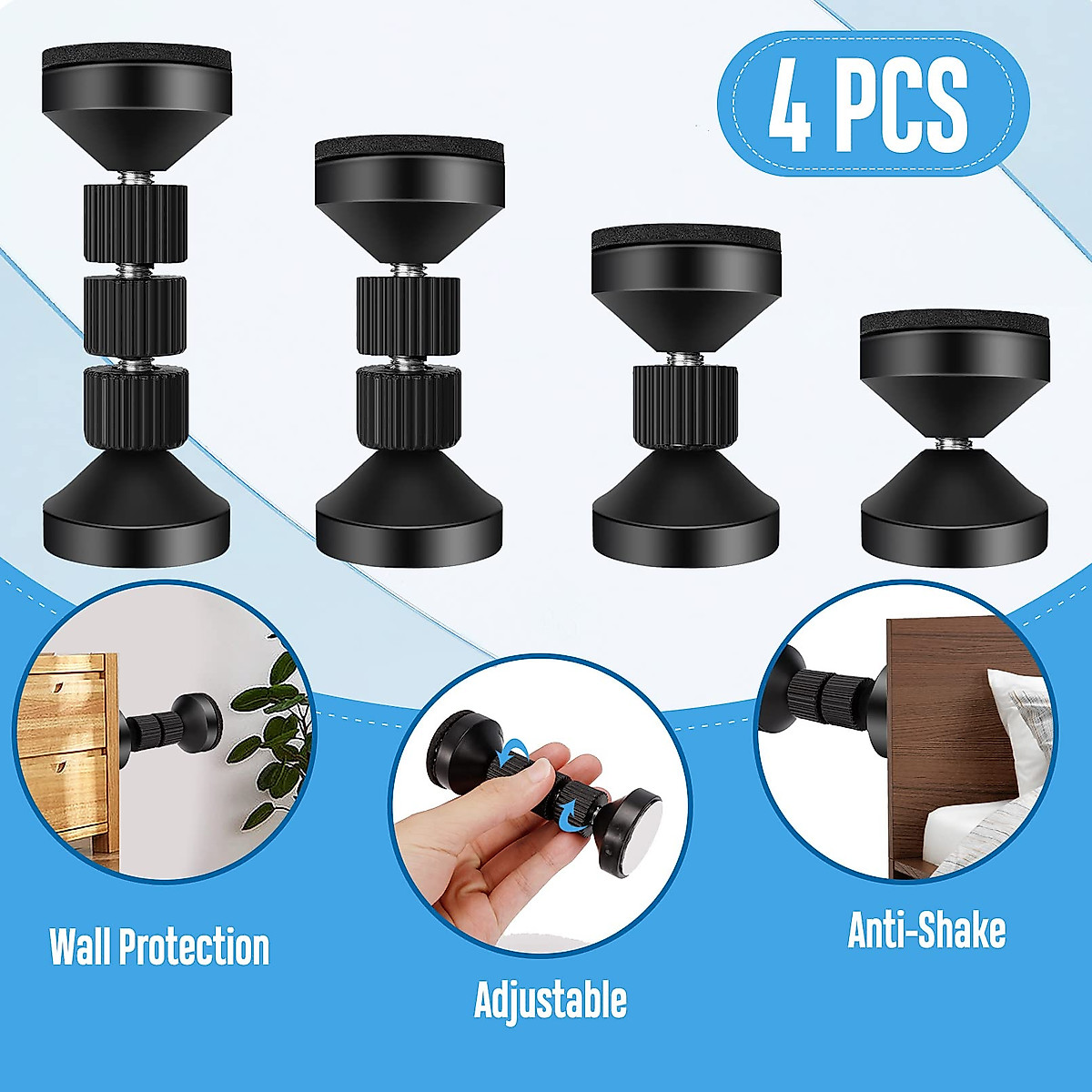 4PCS Adjustable Threaded Headboard Stoppers,Bed Frame Anti-Shake Tool,Bedside Headboards Prevent loosening Anti-Shake Fixer,Telescopic Support Headboard Stabilizer Bed Stoppers for Room Wall,Beds,Sofa