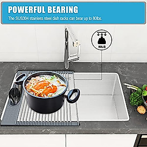 Roll Up Dish Drying Rack, Over the Sink Dish Drying Rack for Kitchen Counter Sink, Stainless Steel Sink Drying Rack with Utensil Holder, Multipurpose Foldable Kitchen Sink Rack Mat -Grey(17.3" x15.3")