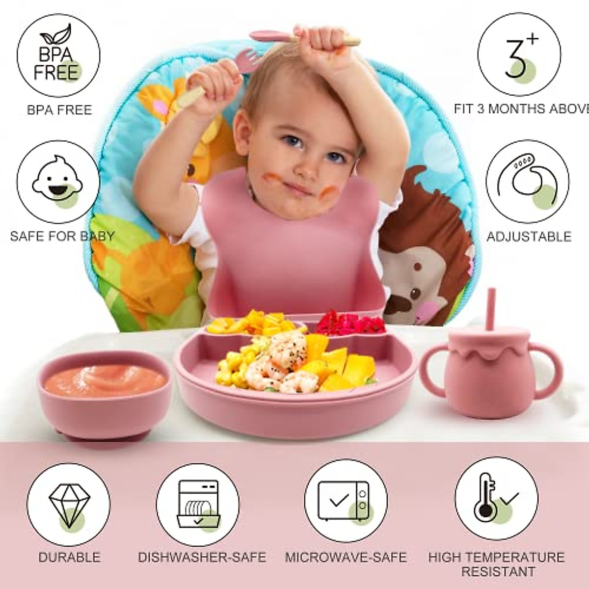 Rayshie 7pcs Baby Silicone Feeding Set 6-Hole Silicone Children's Food Supplement Box Silicone Bib Toddler Bowl Straw Cup with Suction Baby Plate Fork&Spoon Baby Eating Supplies Baby Gifts BPA Free