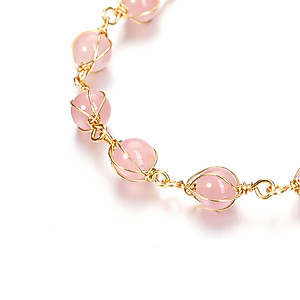 Top Plaza Natural Rose Quartz Crystal Bracelets Healing Crystal Stone Bead Bracelet 14K Gold Plated Ankle Bracelets Healing Quartz Jewelry for BF Mom Wife Birthday Christmas Gifts