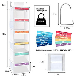 Fixwal 6-Shelf Weekly Hanging Closet Organizer with 6 Side Pockets Collapsible Weekday Kids Closet Daily Clothes Organizer Hanging Storage Shelves (White)