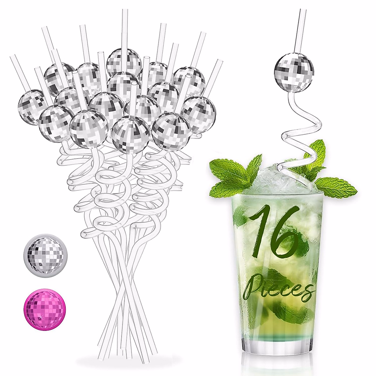 16PCS Disco Party Decorations, Mini Disco Ball Decor Reusable Straw, 70s Disco Ball Straws for Bachelorette Party Decorations Birthday Supplies (Silver)