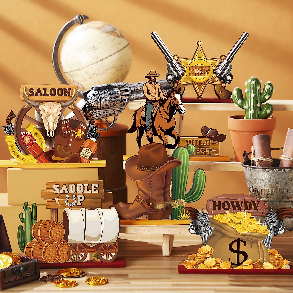 6 Pieces Western Cowboy Centerpieces Decorations West Wooden Tables Decorations Wild Western Theme Table Centerpieces for Cowboy Party Decorations Birthday Baby Shower