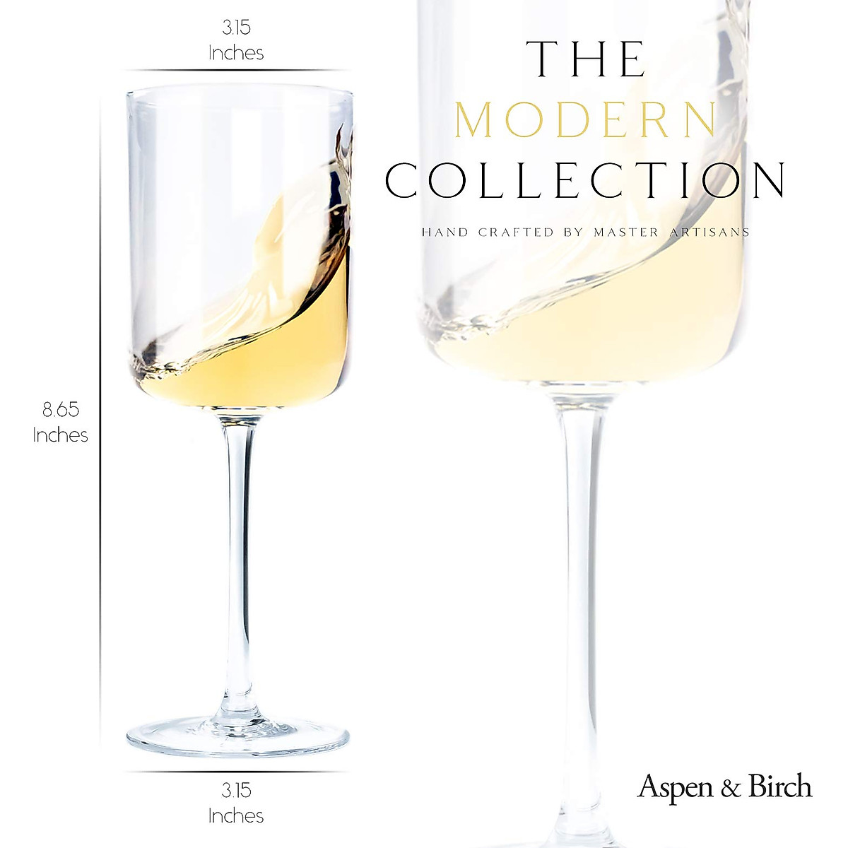 Aspen & Birch - Modern Wine Glasses Set of 4 - Red Wine Glasses or White Wine Glasses, Premium Crystal Stemware, Long Stem Wine Glasses Set, Clear, 15 oz, Hand Blown Glass Crafted by Artisans