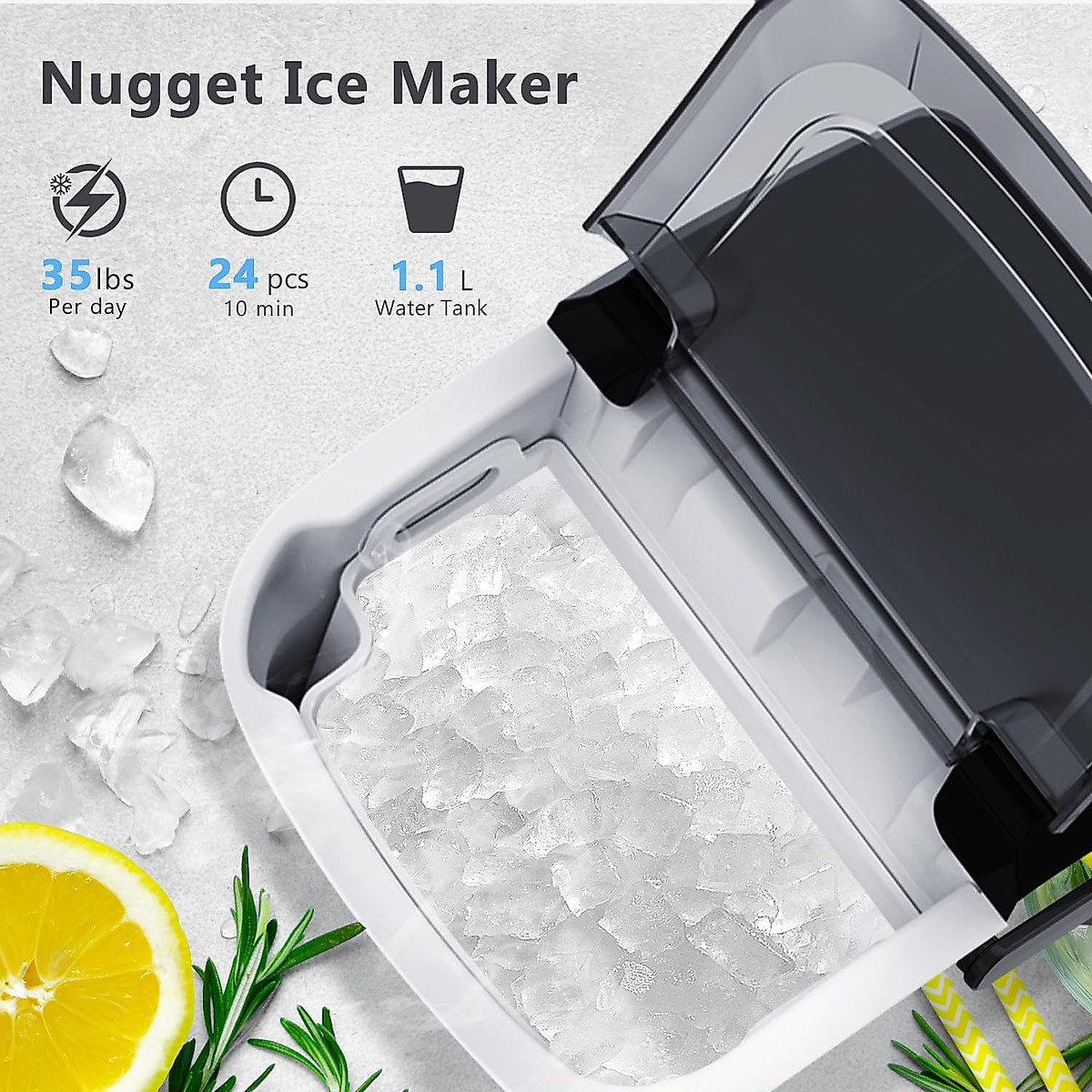 R.W.FLAME Portable Nugget Ice Maker Countertop, Pebble/Pellet Ice Maker Machine with Auto Self-Cleaning,11000Pcs/34Lbs/24Hrs, Ice Scoop and Basket,Ice Machine for Home Office Bar Party,Black