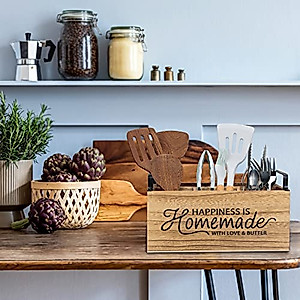 Wood Utensil Holder, Flatware Utensil Caddy with 2 Handles and 4 Compartments,Rustic Utensil Organizer and Silverware Holder for Picnic,Party ,Restaurant,Countertop,Farmhouse Kitchen Decor
