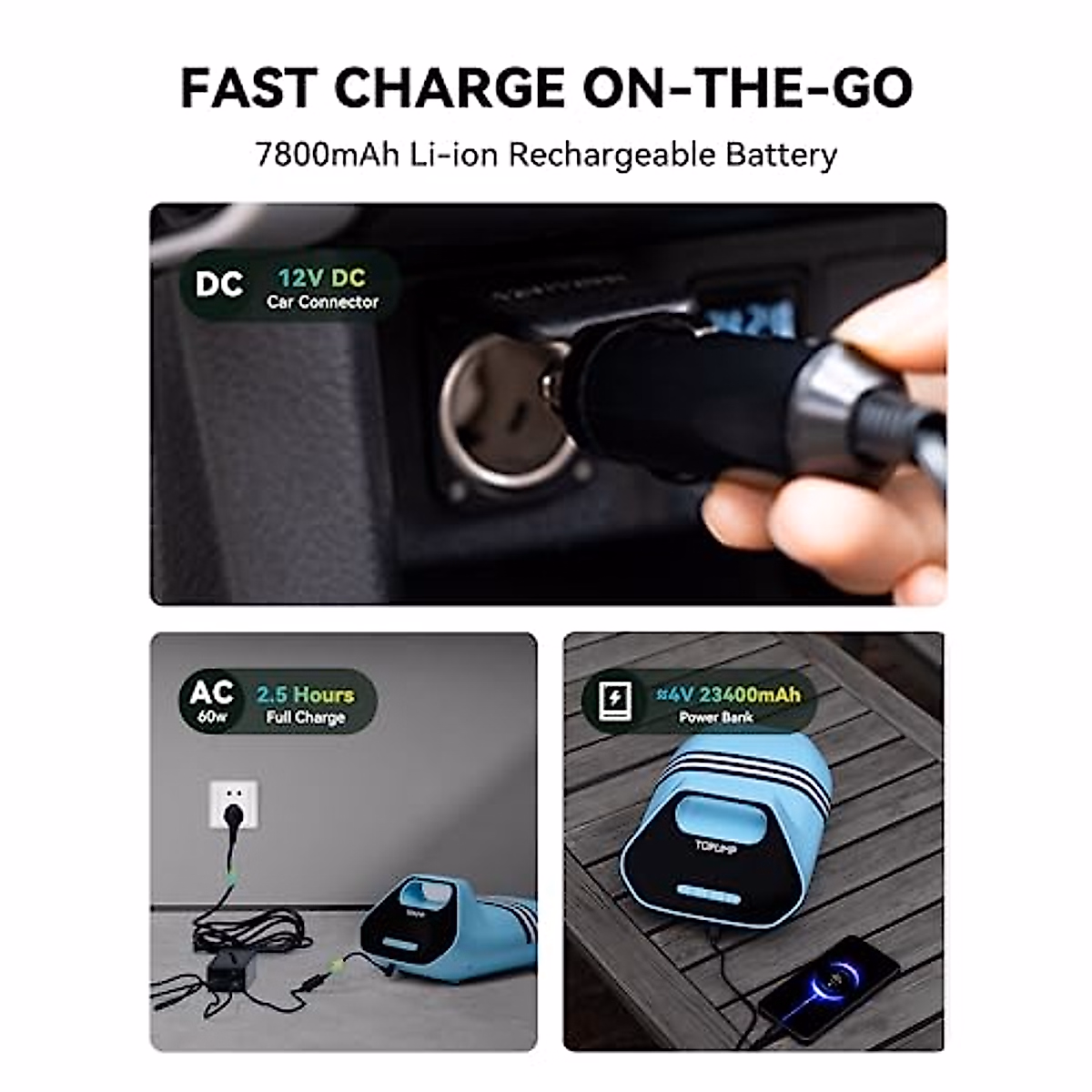 TOPUMP 7800mAh Rechargable SUP Air Pump TPS300,20PSI Electric Paddle Board Pump with Auto-Off Feature, Dual Stage Inflation & Deflation, AC/DC Battery for SUP, Inflatable Tent, Boat, Kayak