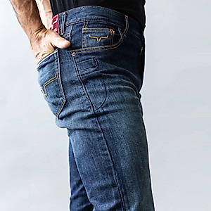 Kimes Ranch Men's Roger Casual Western Cowboy Classic Mid Low Rise Slim Fit & Boot Cut Blue Denim Jeans, 30W x 32L