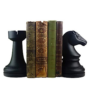 Decorative Chess Bookends for Shelves, Book Ends Decorative for Office Heavy Books, 7x7x4 inches, Black,1Pair/2Piece (Chess)
