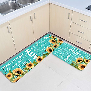 Sunflowers Hope Kitchen Rugs and Mats 2 Pieces,Positive Attitude Words Turquoise Decorative Carpet Floor Mat for Home Area Runner Non Slip Doormat