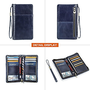 Contacts Passport Wallet Leather Family Passport Holder for 4 Travel Documents Organizer RFID Blocking Zipper Blue Card Wallet with 13 Card Slot