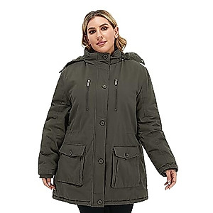 Soularge Women's Winter Plus Size Thickened Cotton Coat with Detachable Hood(Olive,3X)