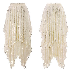 R.Vivimos Women Lace Long Skirts Summer Elastic Asymmetrical Layered Hem Sexy See-Through Beach Floral Maxi Skirts (Medium, Beige)