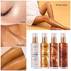 Liyalan Shimmer Body Oil Rose Gold 4 Color Bronze Face Brighten Glow Pearl Highlighter Illuminator Body Makeup Shine Glitter Gold Liquid Taning(2.8 Fl Oz/#02)